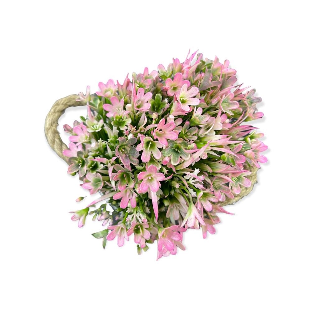 Ghiveci metal, manere canepa, cu planta artificiala, flori roz,19 cm ...