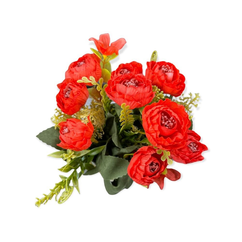 Ghiveci metal, snur canepa, cu planta artificiala, flori rosii,22 cm ...