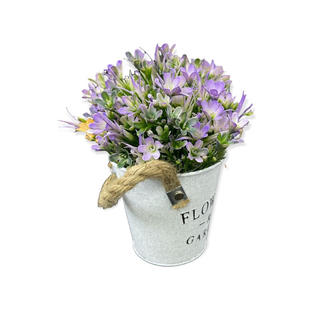 Ghiveci metal, manere canepa, cu planta artificiala, flori mov,19 cm ...