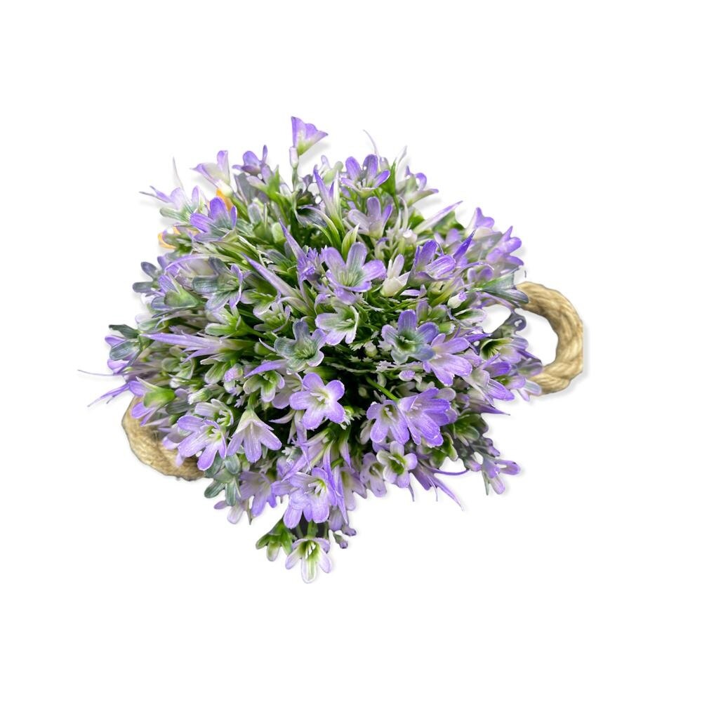 Ghiveci metal, manere canepa, cu planta artificiala, flori mov,19 cm ...