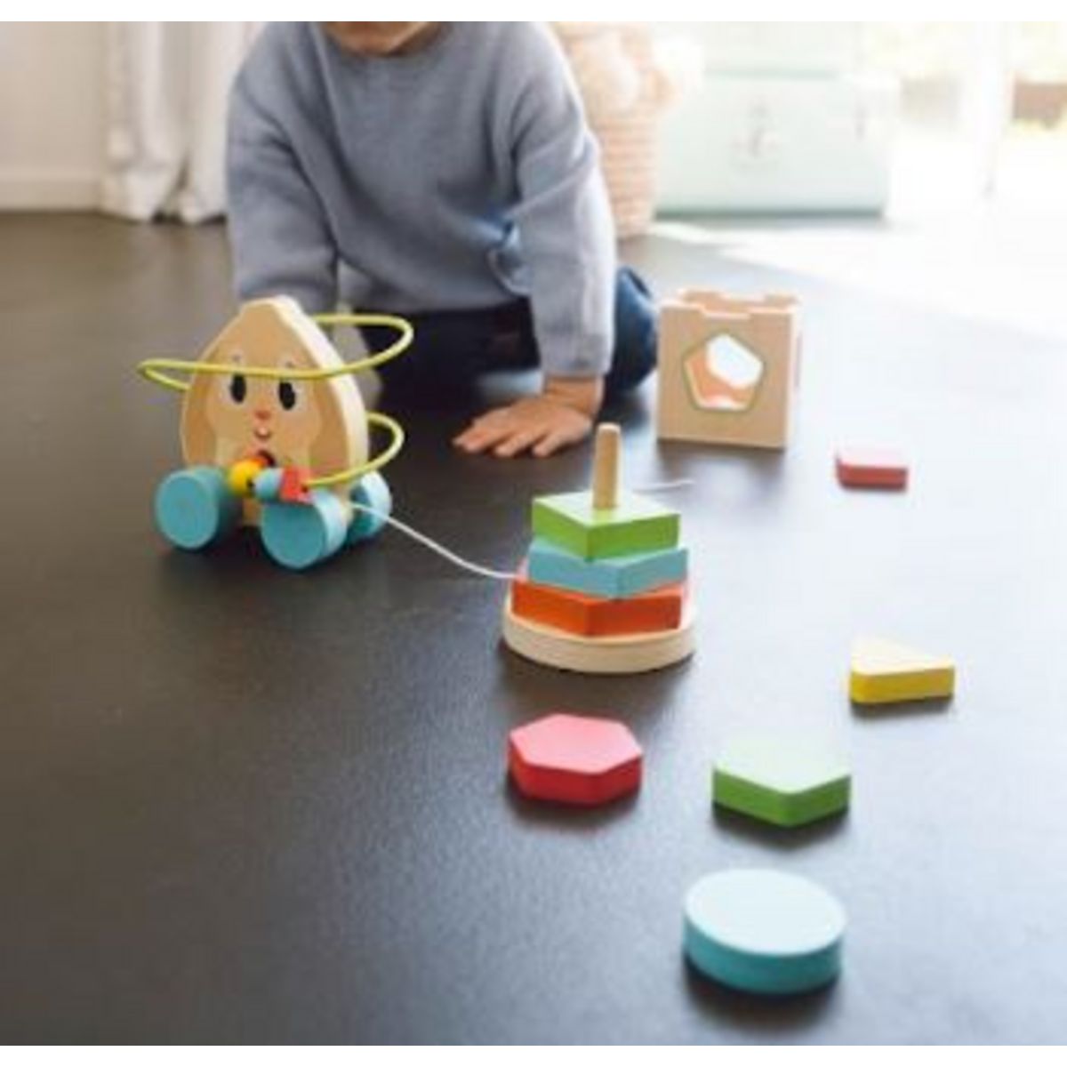 Set 3 jucarii educative, FamousKids®, lemn, contine piramida, sortator ...