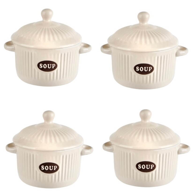 Set format din 4 boluri supa, cu capac, cu manere, bej, 600 ml, 14 x 7 ...