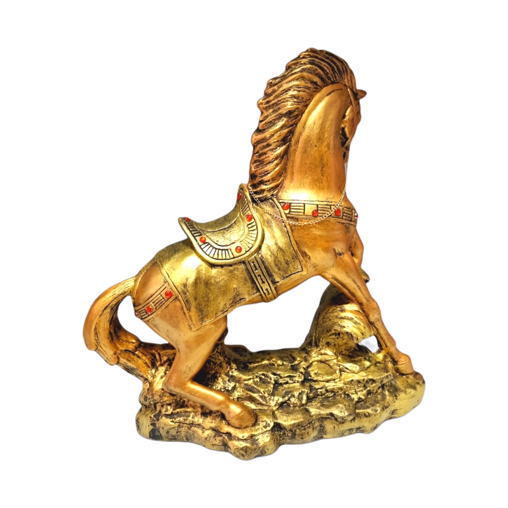 Statueta Cal, maro antichizat, cu aplicatii de pietre rosii, realizata ...