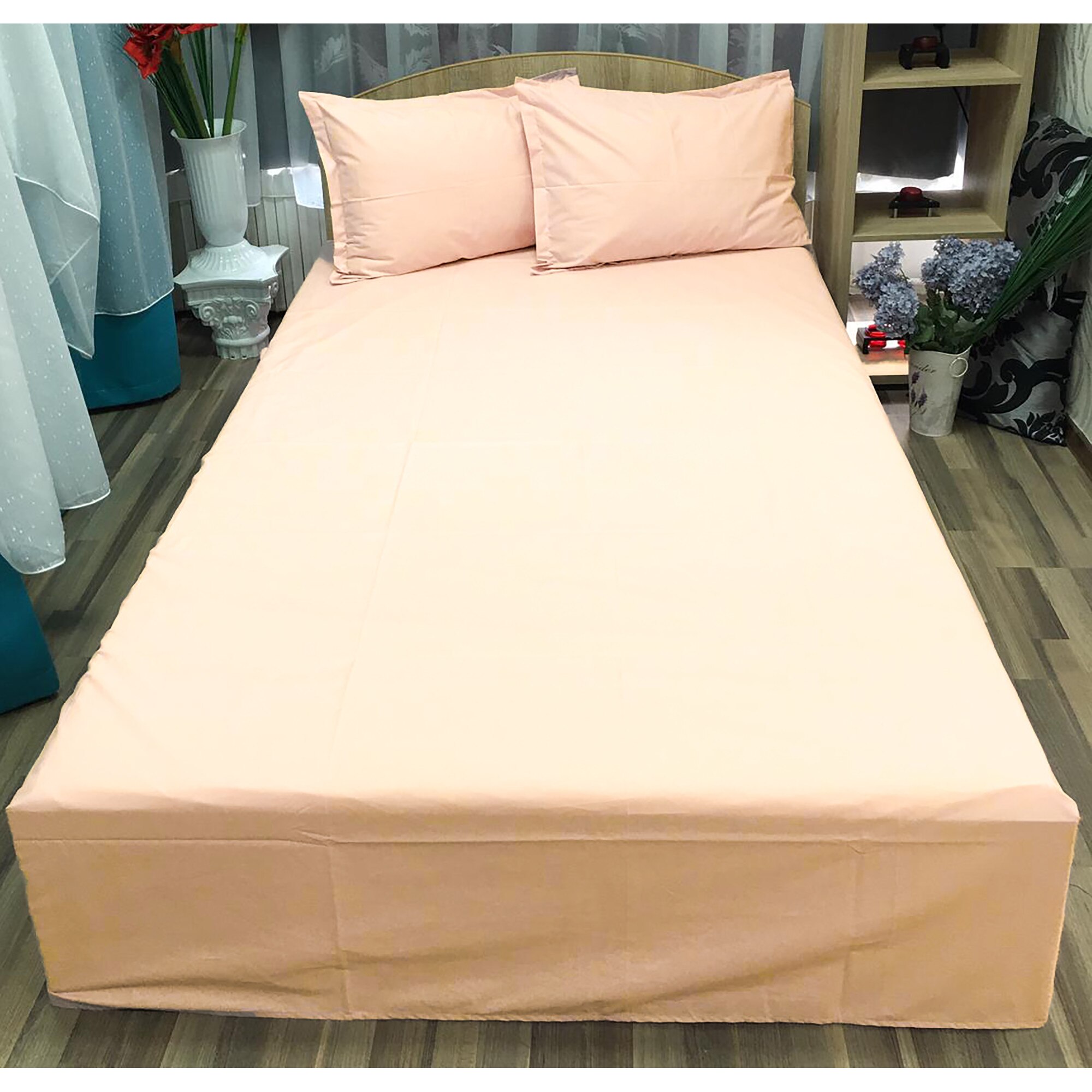 Cearceaf roz pudra 250x240cm, pat dublu, pentru saltea de 200cm ...