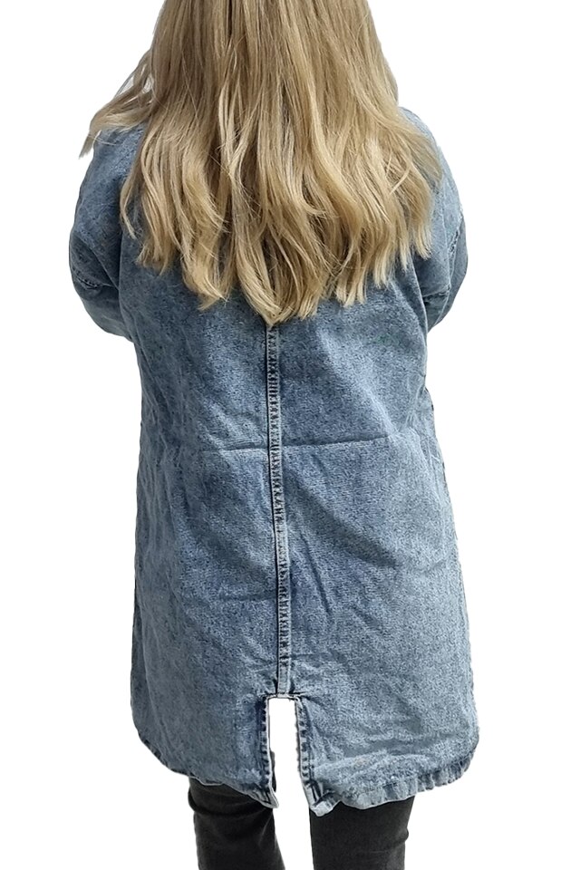 Geaca lunga Andra, Velve, din blug albastru, cu blanita roz, S/M - eMAG.ro