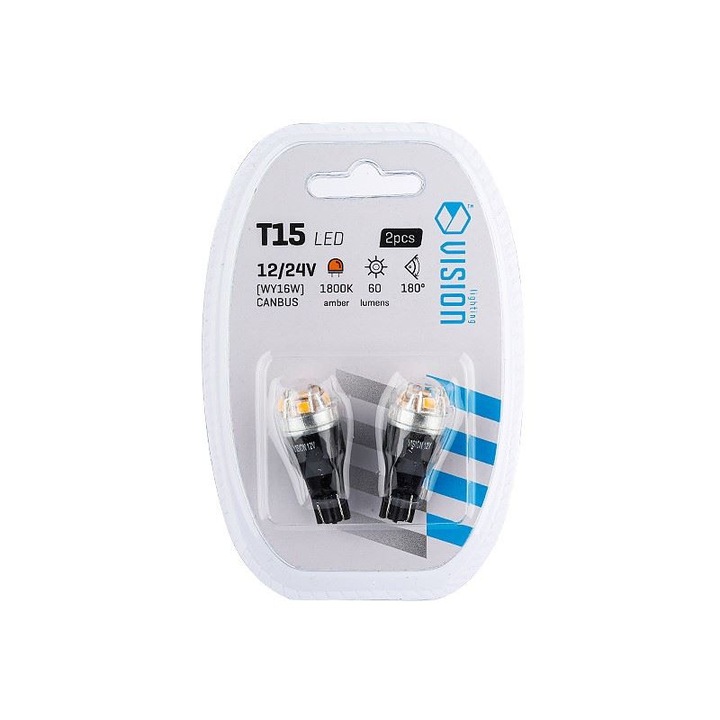 Set 2 becuri T15, LED, 12-24V, WY16W, galben, Canbus, 58302 Vision ...