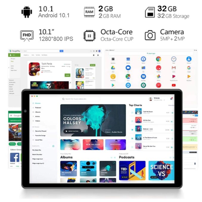 T12 Tablet, Octa Core 1.6Ghz, 10.1"-es HD Kijelző, Android 10.0, 2GB ...