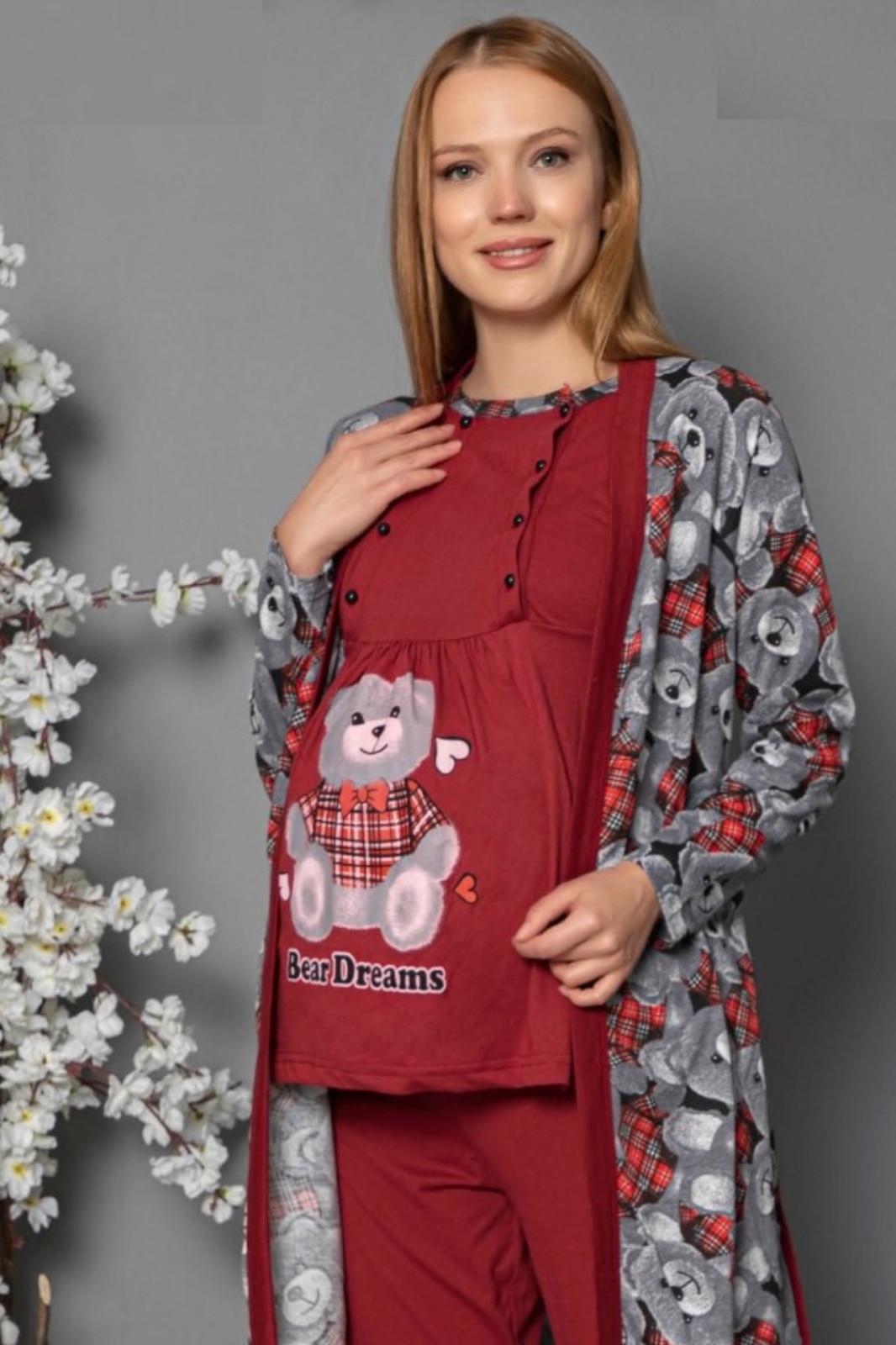 Set pijama gravida bumbac, 3 piese, deschidere nasturi pentru alaptat ...