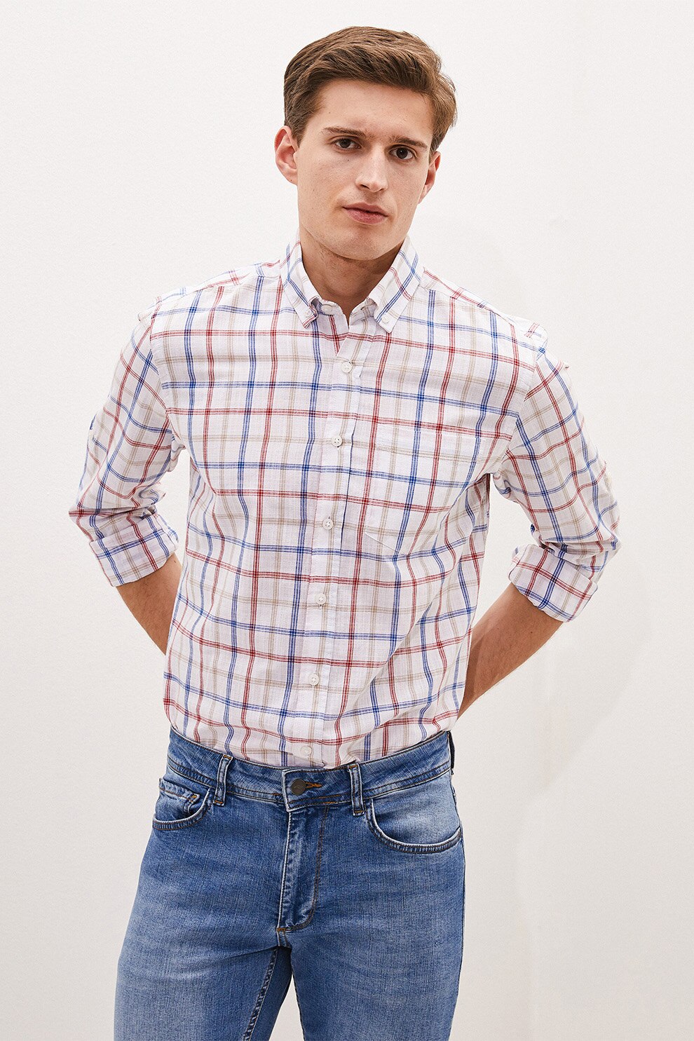 LC WAIKIKI, Camasa cu maneci lungi si model in carouri, Bej, Albastru ...