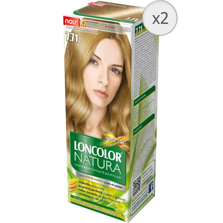 Pachet: 2 x Vopsea de par permanenta Loncolor Natura 7.71 Blond bej ...
