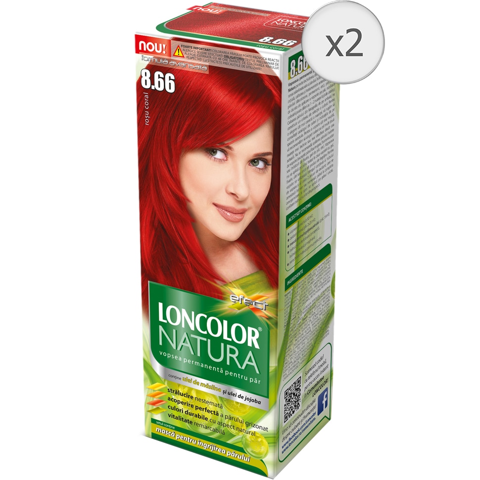 Pachet: 2 x Vopsea de par permanenta Loncolor Natura 8.66 Rosu coral ...
