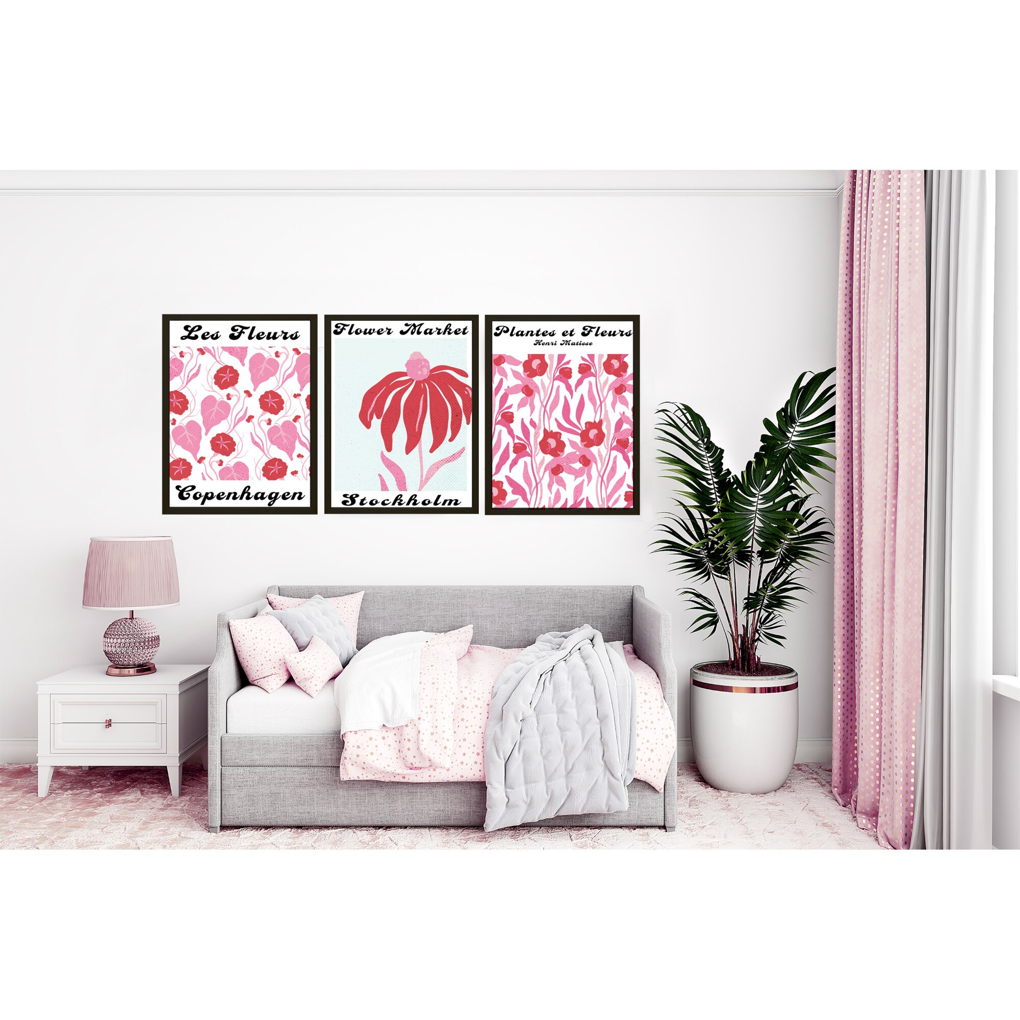 Set 3 tablouri inramate, Arta moderna Flower Market, Flori Roz, 30 x ...