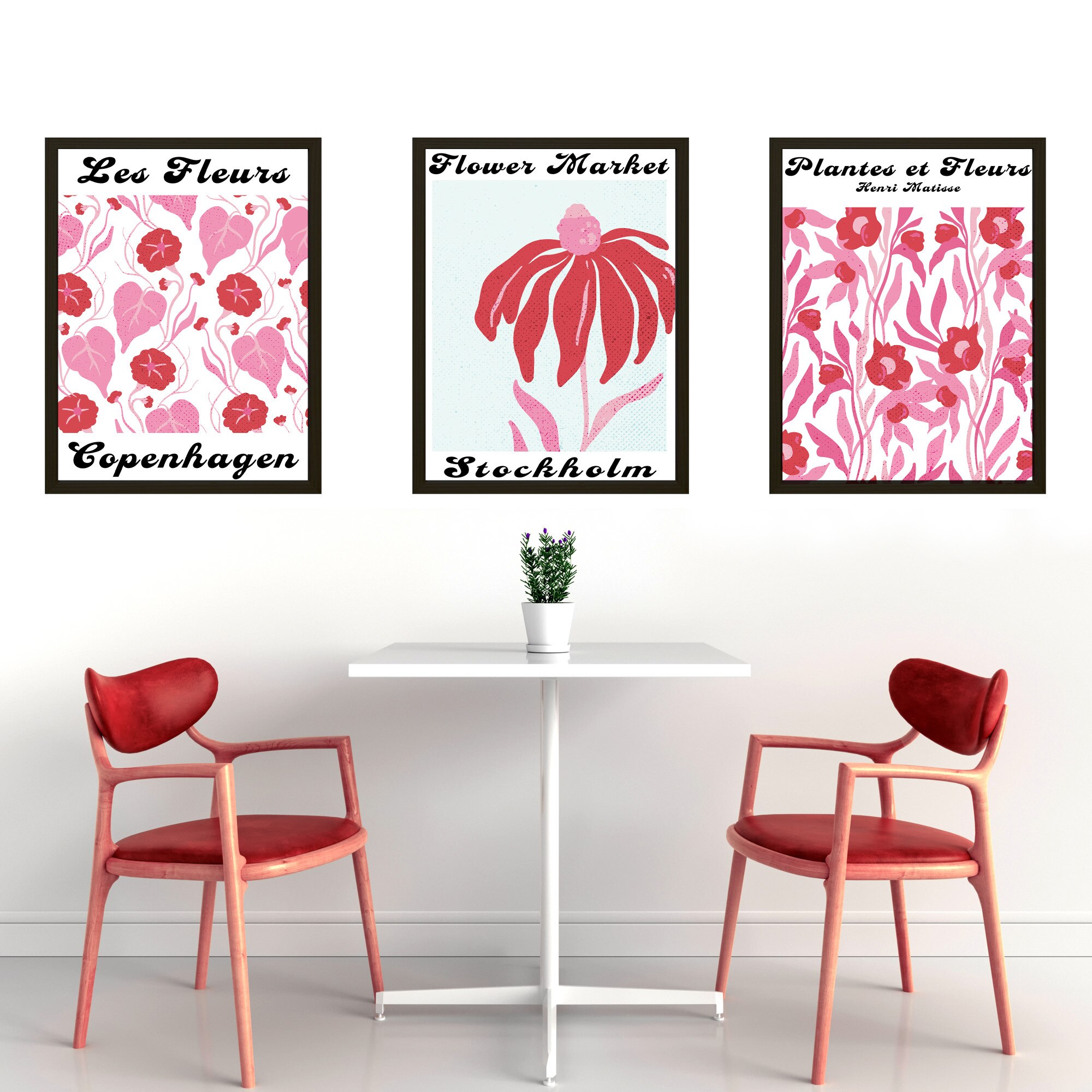 Set 3 tablouri inramate, Arta moderna Flower Market, Flori Roz, 30 x ...