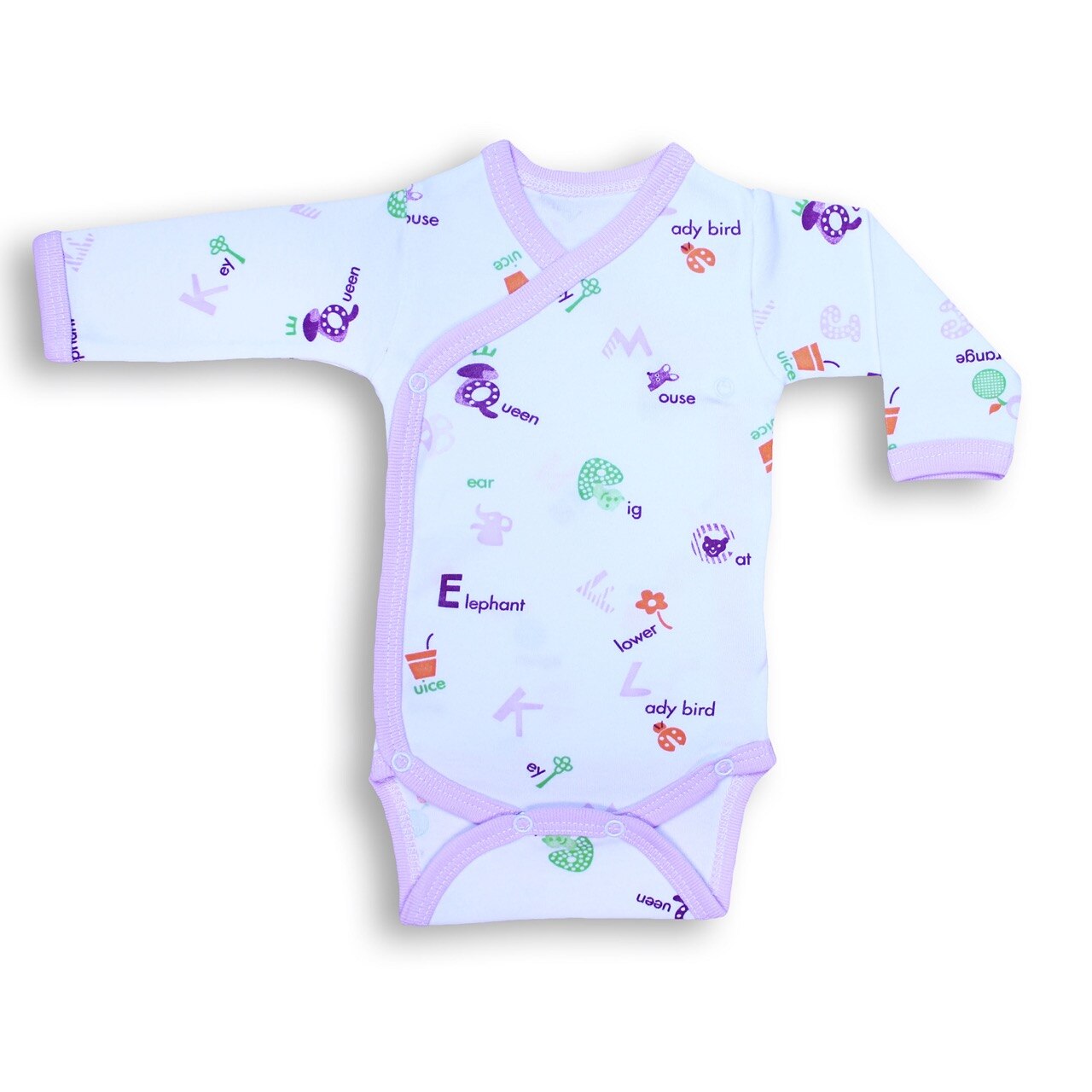 Body 6 capse cu maneca lunga, alb/mov, imprimeu alfabet, bumbac 100% ...