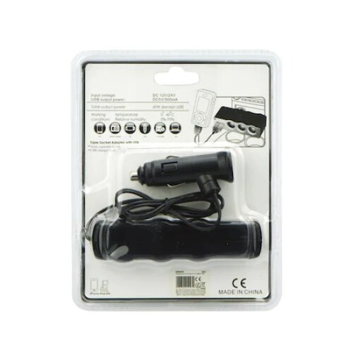 Splitter priza auto cu cablu SYNO, 3 x soclu bricheta si 1 USB, negru ...