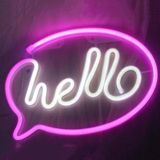 Lampa LED neon, semn Hello, lumina roz si alb cald 29x21 cm, cu baterii ...
