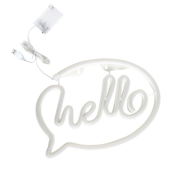 Lampa LED neon, semn Hello, lumina roz si alb cald 29x21 cm, cu baterii ...