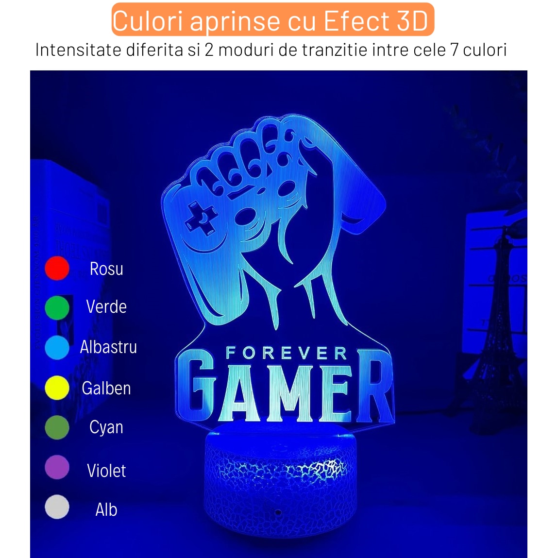 Lampa de birou, noptiera gaming LED 3D iluzie optica, baza cu control ...