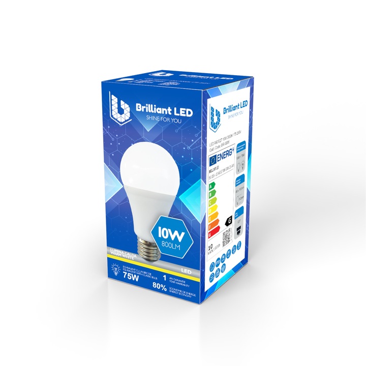 Set 10 Buc - Bec Brilliant LED, 10W (75W), 800lm, lumina calda 3000k ...