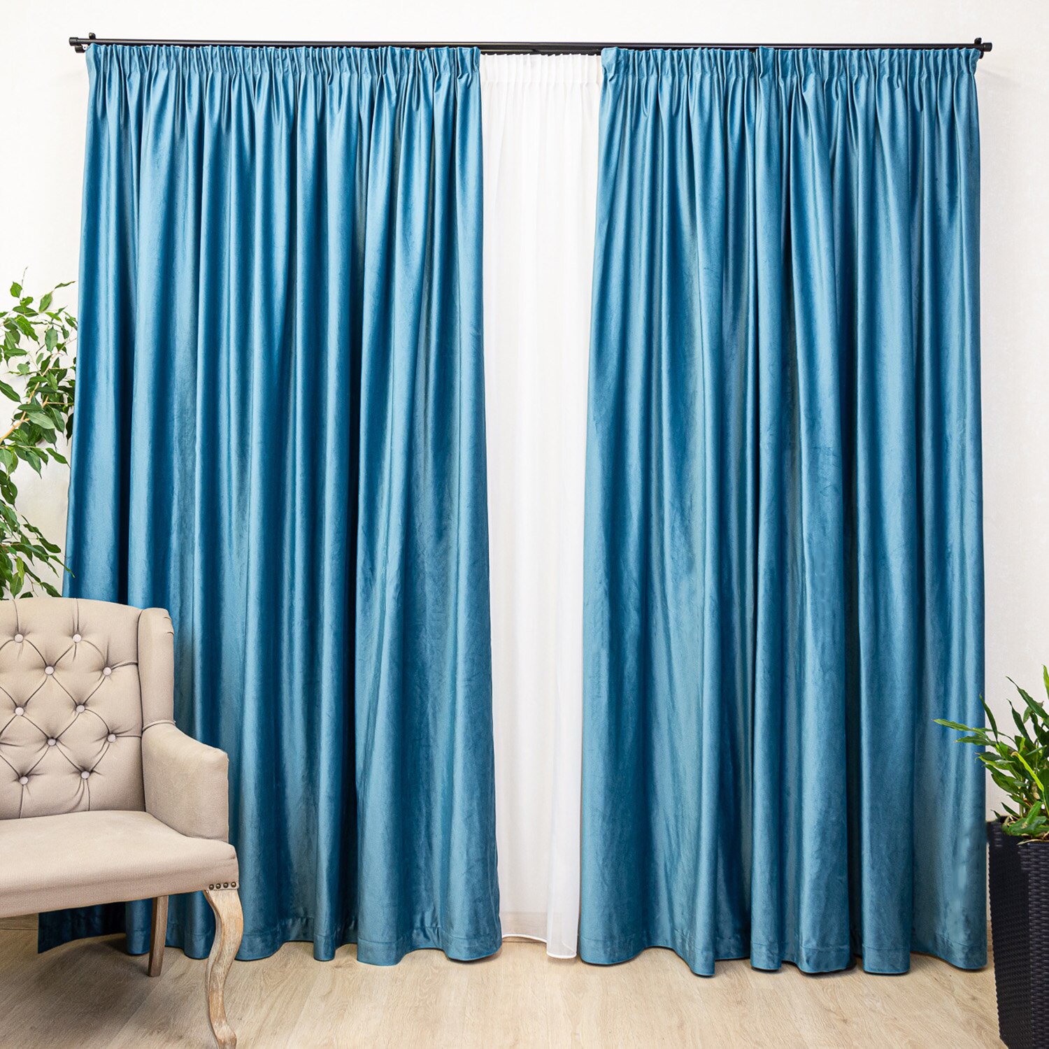 Set 2 draperii din catifea Hiko Comfy Ocean Blue 2x140x245cm, cu ...