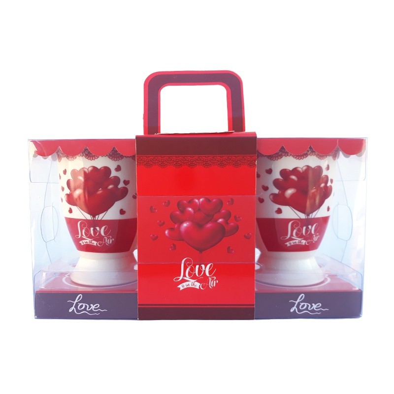 Set 2 cani ceramica, cu inimi rosii, ambalate in cutie din plastic cu ...