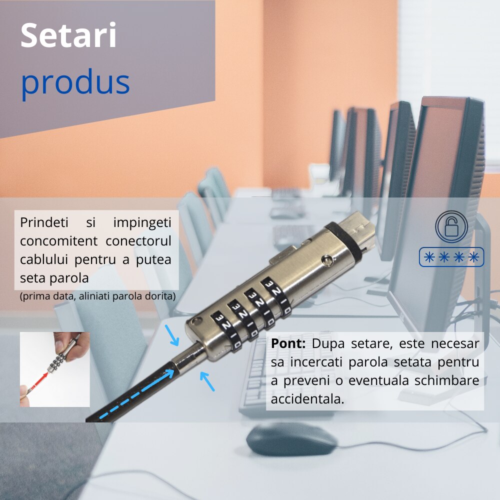 Cablu de securitate cu cifru si locker USB 2.0, pentru laptop, din otel ...