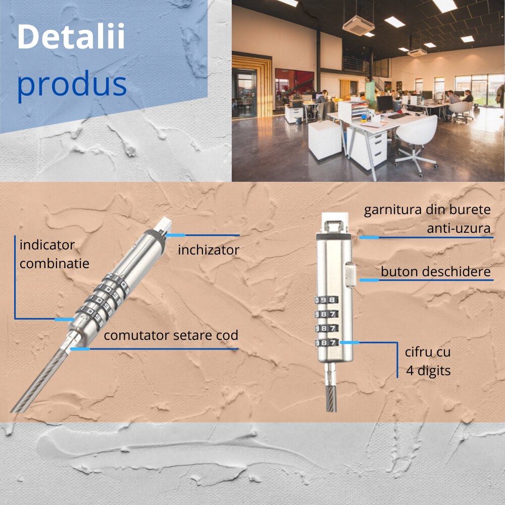 Cablu de securitate cu cifru si locker USB 2.0, pentru laptop, din otel ...