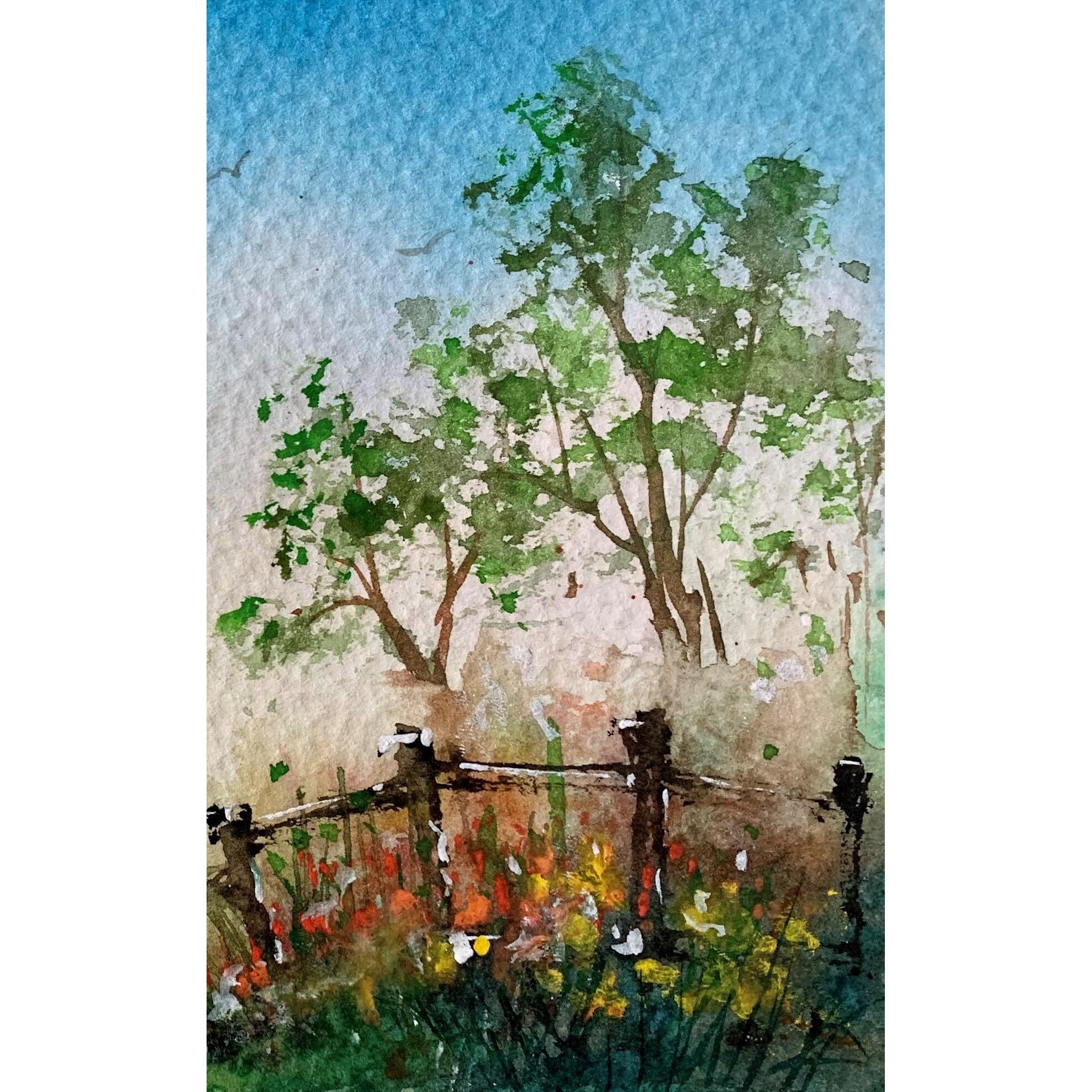 Pictura in acuarela Primavara - tablou pictat manual, dimensiune 14 x ...