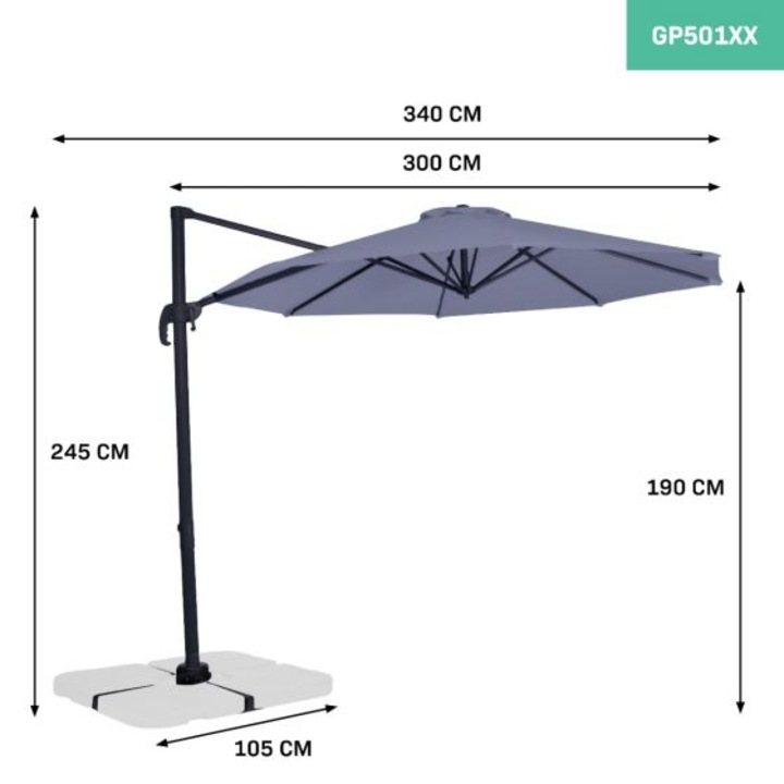 Umbrela de soare pentru gradina, VONROC, GP501XX_GREY, 300 cm, gri ...