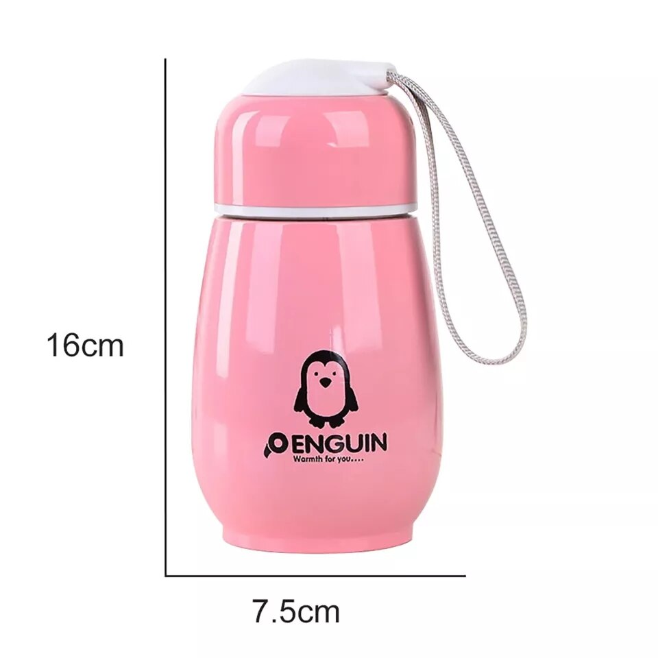 Termos pentru copii, model cu pinguin, otel inoxidabil, dublu, roz, 200 ...