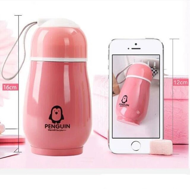 Termos pentru copii, model cu pinguin, otel inoxidabil, dublu, roz, 200 ...