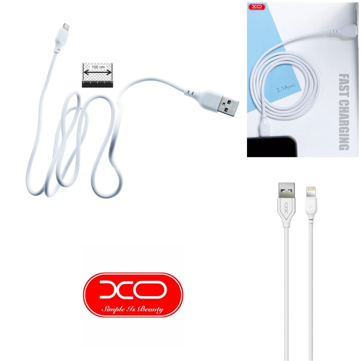Кабел за данни и захранване, XO-NB103 86271, 2.1A, USB конектор към мъжки тип Lightning, дължина ...