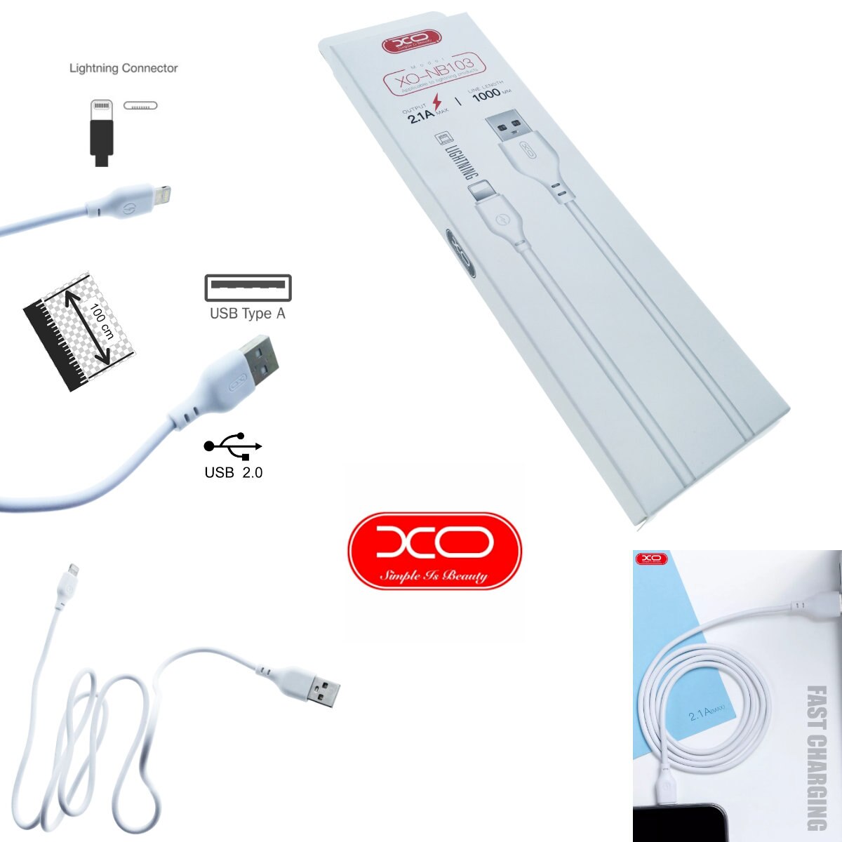 Кабел за данни и захранване, XO-NB103 86271, 2.1A, USB конектор към мъжки тип Lightning, дължина ...