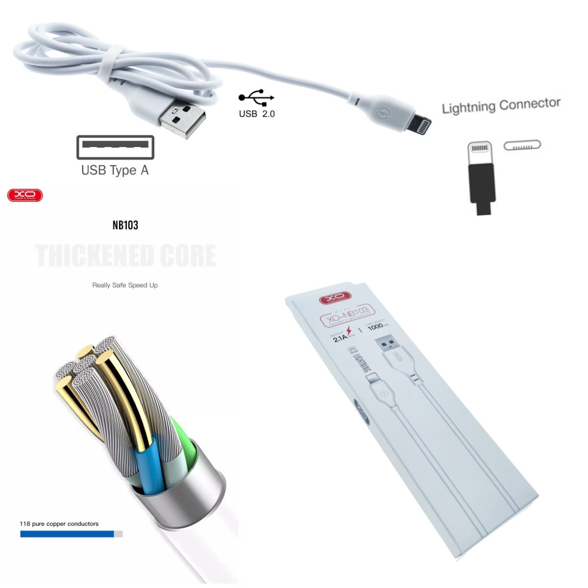 Кабел за данни и захранване, XO-NB103 86271, 2.1A, USB конектор към мъжки тип Lightning, дължина ...