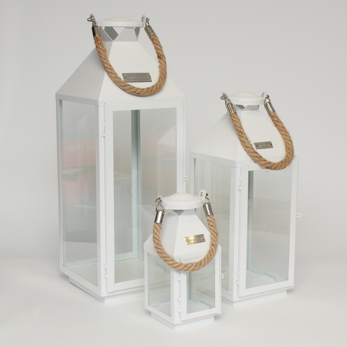 Set 3 felinare metalice albe, usita cu sticla, 55 cm, 41 cm respectiv ...