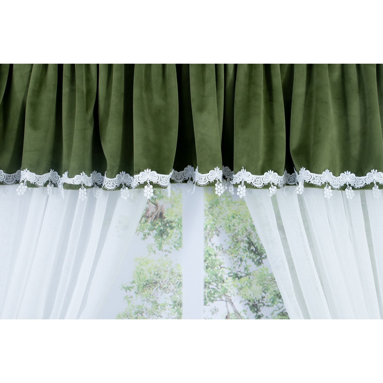 Perdea bucatarie, bumbac alb, cu volan din catifea culoare verde olive ...