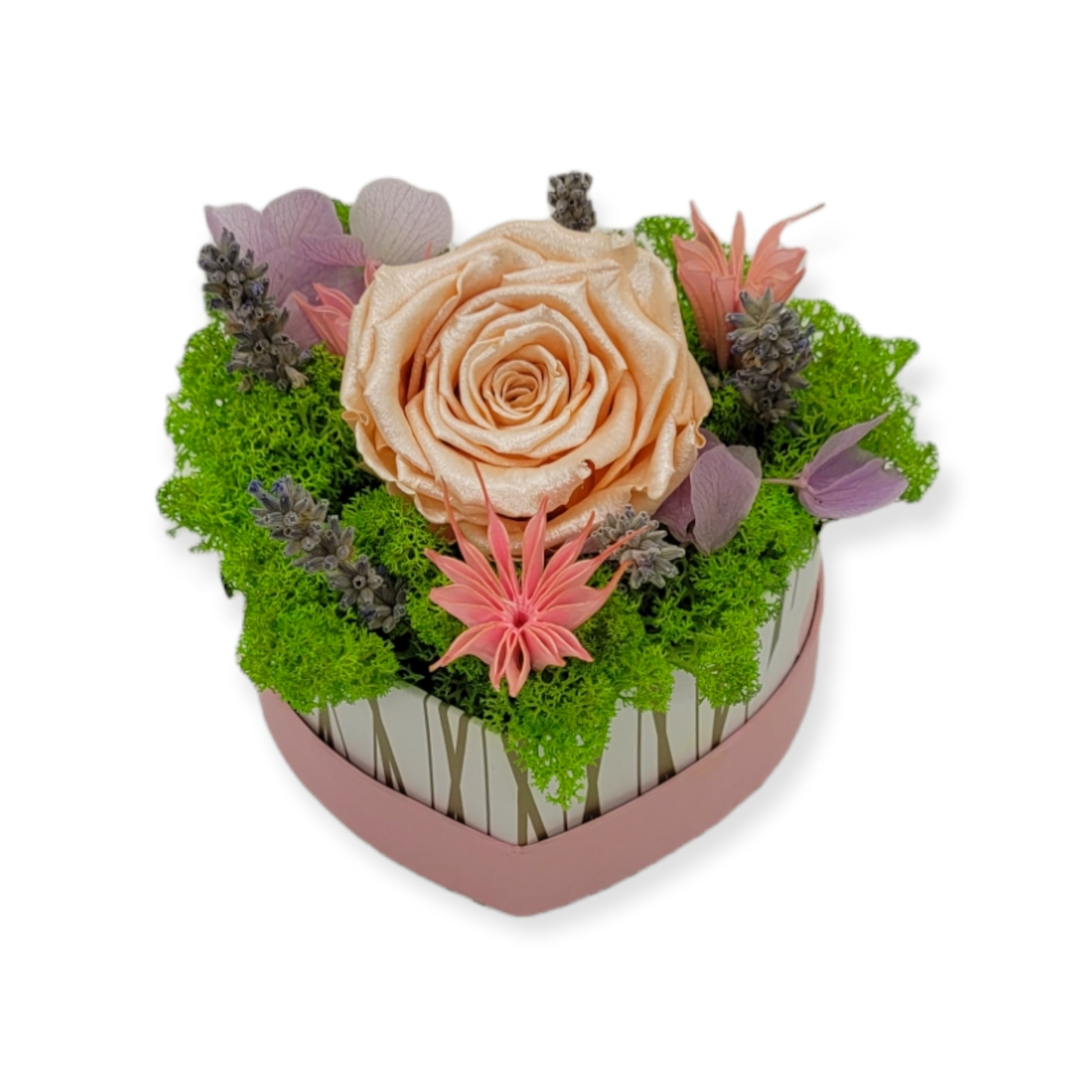 Aranjament inima mica cu trandafir criogenat somon, 11cm - eMAG.ro