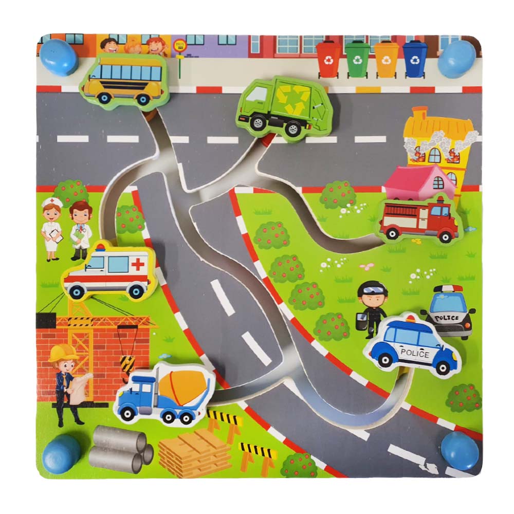 Puzzle Labirint din lemn cu doua fete, fructe si trafic urban in format ...