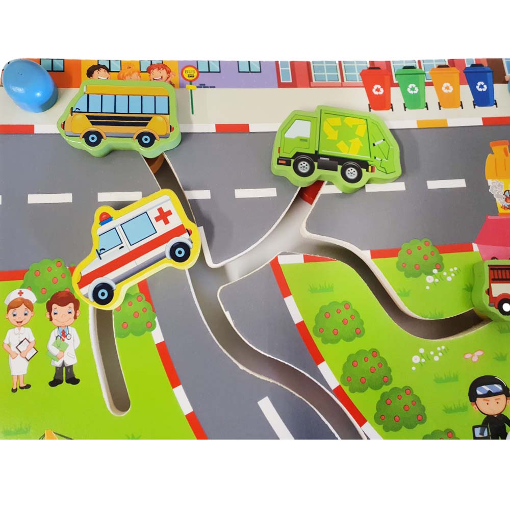 Puzzle Labirint din lemn cu doua fete, fructe si trafic urban in format ...