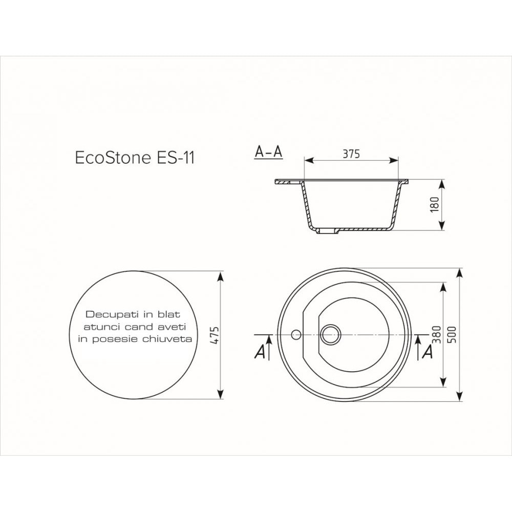 Chiuveta bucatarie rotunda compozit marmura EcoStone ES-11-328, Bej, Sifon inclus, 500 mm - eMAG.ro