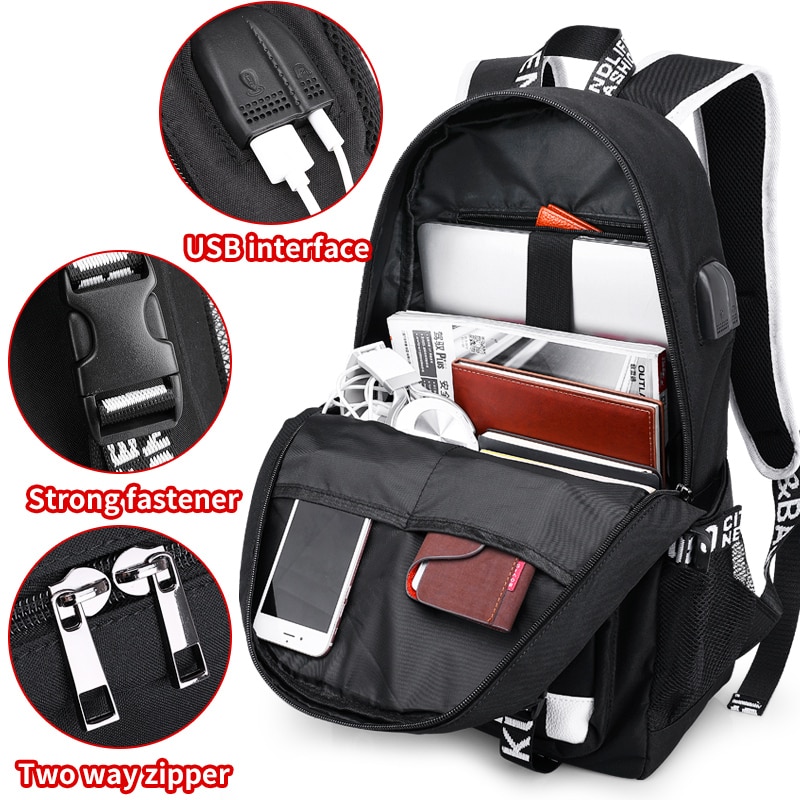 Ghiozdan smart, imprimeu fosforescent, cu port USB, 44x27x14 cm, Negru ...