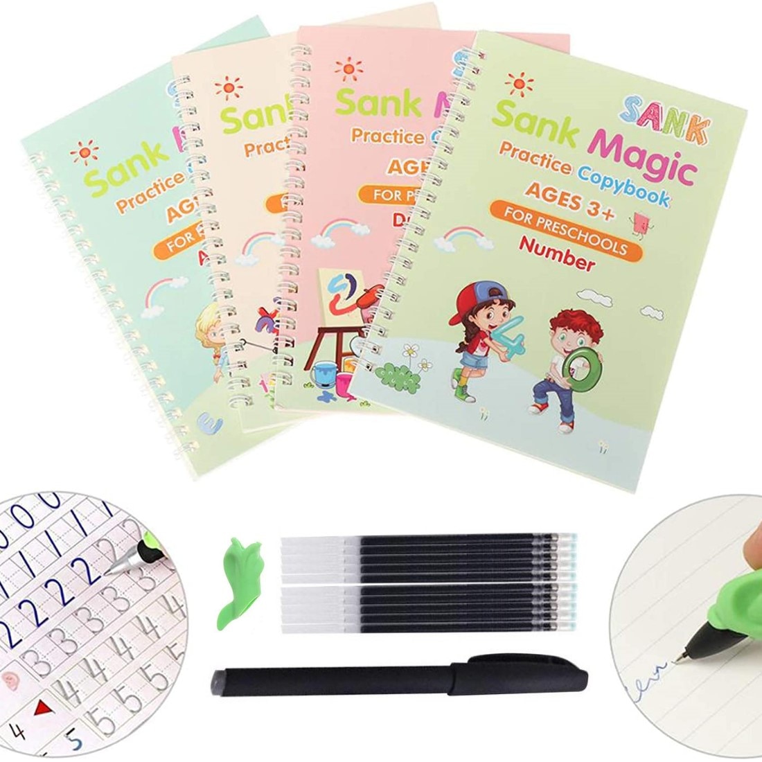 Set 4 x Caiete Ultra Sank™ Magic Practice Copybook Plus, 1 x Stilou ...