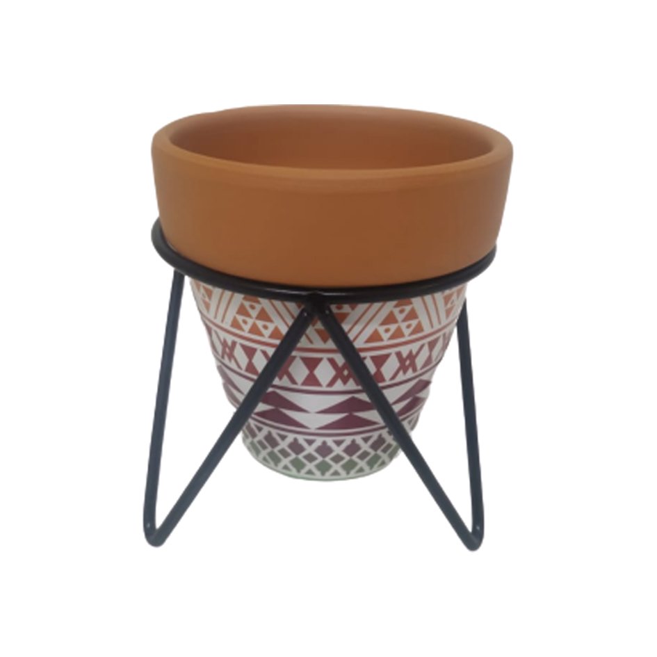 Mini ghiveci decorativ pictat, din ceramica, cu suport metalic, pentru ...