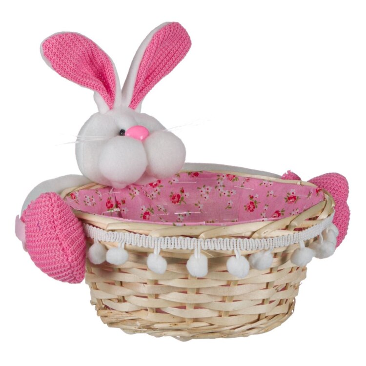 Cos decorativ de Paste, cu design Iepure roz, si floricele 20 cm - eMAG.ro