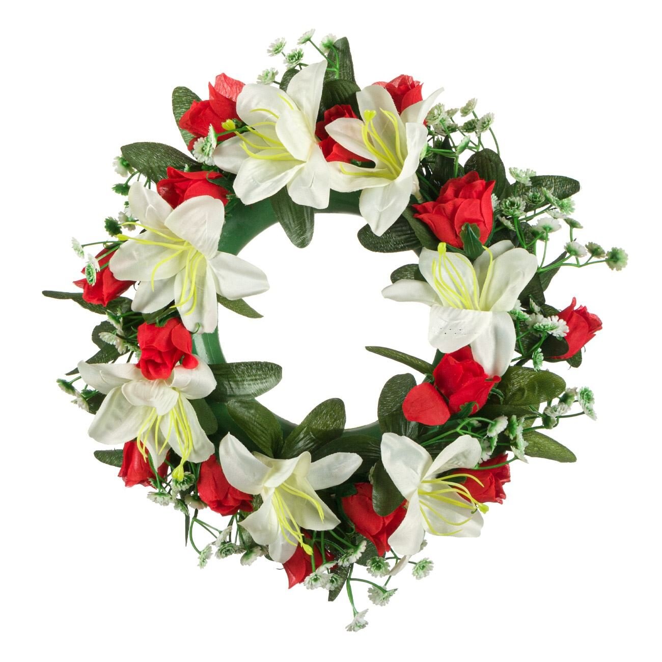 Coronita de primavara cu crini, flori rosii si albe 28 cm - eMAG.ro