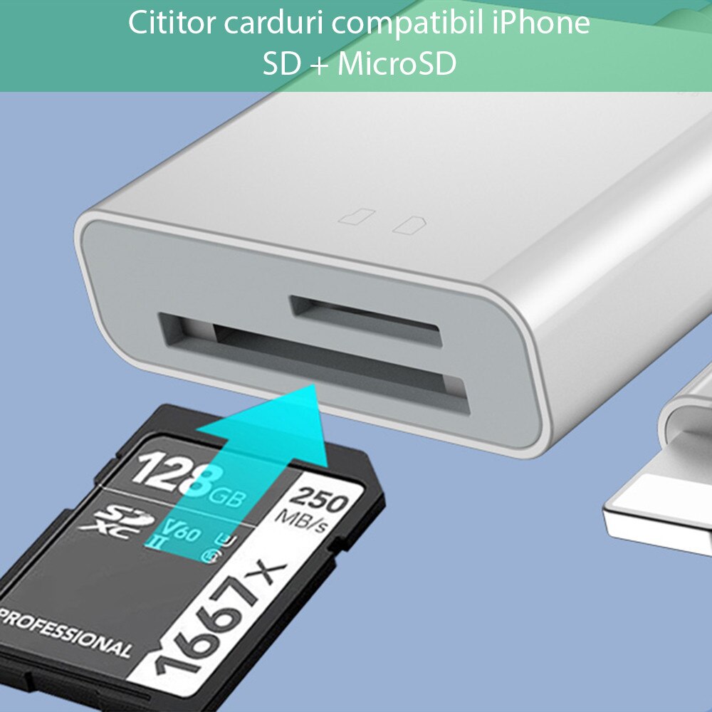 Cititor de Carduri SD, Micro SD + Adaptor Lightning - Yesido (GS11 ...