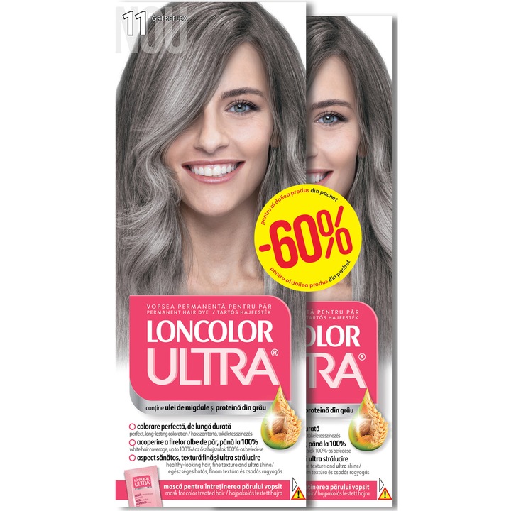 Pachet: 2 x Vopsea de par permanenta Loncolor Ultra 11 Gri Reflex, 100 ...