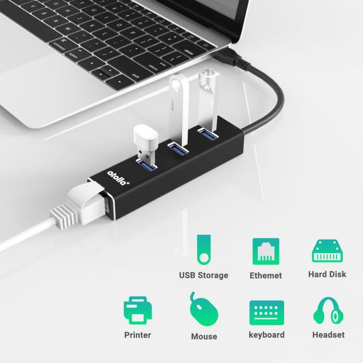 Hub adaptor, Atolla, USB 3.0/Ethernet RJ45, Compatibilitate multipla ...