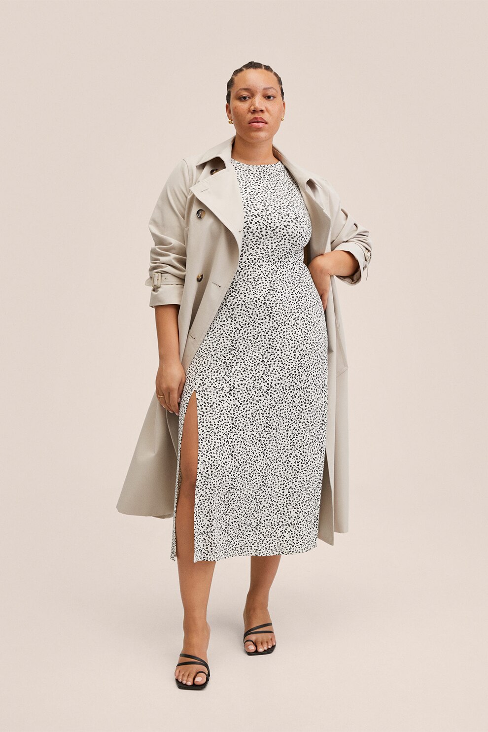 Mango, Rochie midi cu slituri laterale Matilde, Alb, Negru, L - eMAG.ro