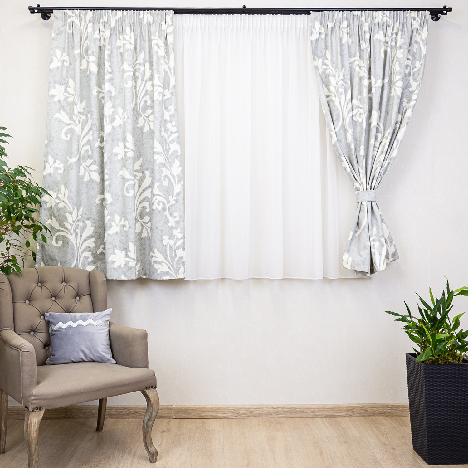 Set 5 piese draperii scurte Nostalgie Garden Umbra bumbac gri ...